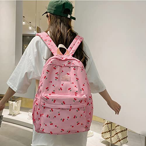 Kawaii Backpack for Teen Girls Lovely Cute Cherry Bookbag Casual Schoolbag with Laptop Compartment (Pink)