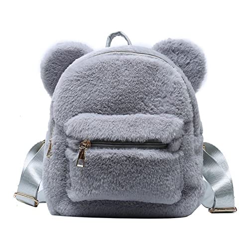 Tomato City Fuzzy Sherpa Purse Backpack Pink Plaid Fluffy Shoulder Bag Girls Cow Pendant (Grey C)