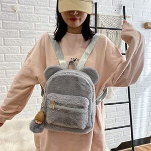 Tomato City Fuzzy Sherpa Purse Backpack Pink Plaid Fluffy Shoulder Bag Girls Cow Pendant (Grey C)