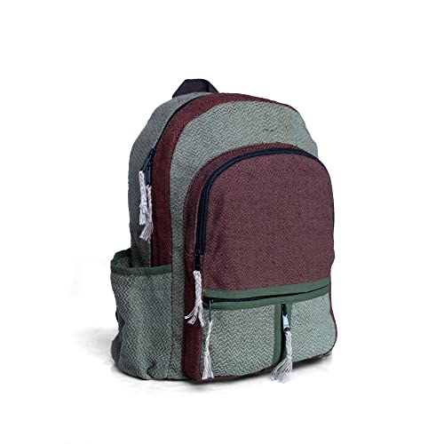 Ruana Lightweight Hemp Backpack 100% Natural Hemp cotton Fabric Casual Daypack Multipurpose Handmade Laptop Bag For Travel, Hiking, Yoga, Picnic (Brown & Green, 38 cm W x 45 cm L)