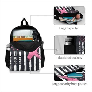 16.5 Laptop Handbag Lightweight School Bags Bookbag Backpacks For Men Women,American Flag Pink Ribbon Breast Cancer Awareness Casual Zipper Schoolbag Shoulder Bag Travel Daypack For Student Boys Kids