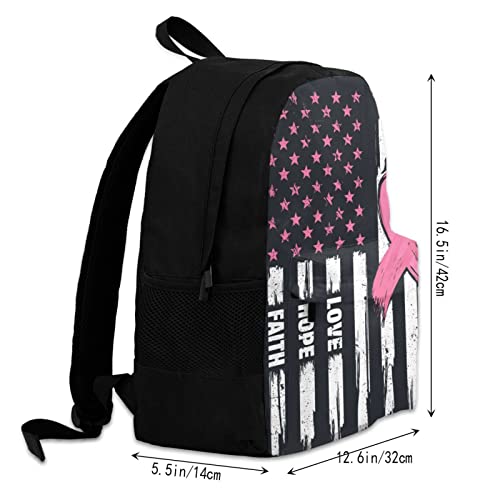 16.5 Laptop Handbag Lightweight School Bags Bookbag Backpacks For Men Women,American Flag Pink Ribbon Breast Cancer Awareness Casual Zipper Schoolbag Shoulder Bag Travel Daypack For Student Boys Kids