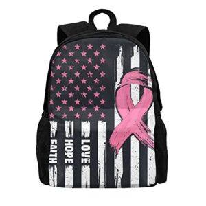 16.5 Laptop Handbag Lightweight School Bags Bookbag Backpacks For Men Women,American Flag Pink Ribbon Breast Cancer Awareness Casual Zipper Schoolbag Shoulder Bag Travel Daypack For Student Boys Kids