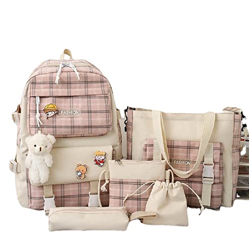 Homruis 5pcs Cute Backpack Kawaii Backpack Big Capacity School Backpack Handbag Messenger Bag with Pendant Bear for Girls