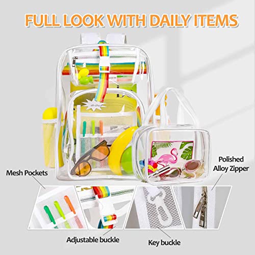 2 Pieces Heavy Duty Clear Backpack(Rainbow/White), PVC Waterproof Transparent Bag With Cosmetic Bag, See Through Book Bag With Lunch Bag, Stadium Approved, For School, Work, Women, Men, Boy, Girl