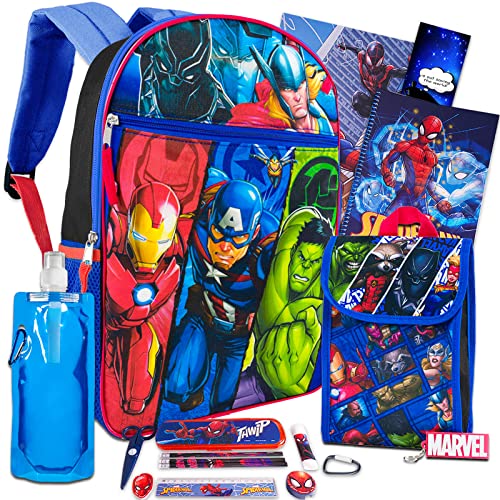 Marvel Shop Marvel Avengers Backpack, Lunch Box, and Spiderman School Supplies Set ~ Bundle with 16 Avengers School Bag, Lunch Box, Stickers, Notebook, and More Superhero superhero backpacks