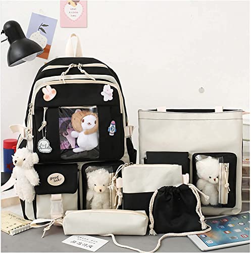 LIEEI Kawaii Backpack 5Pcs Set Cute Backpack Aesthetic Large School Bags with Pendants and Pins, Pen Case, Tote Bag, Small Bag (Black)