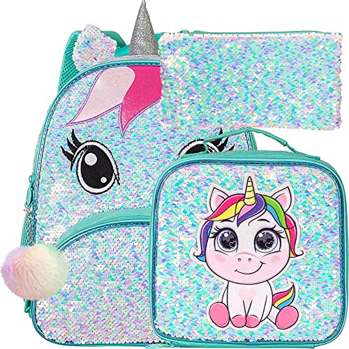 3PCS Toddler Backpack for Girls, 12" Unicorn Sequin Preschool Bookbag and Lunch Box- Green