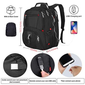 Travel Backpack for Men Women,Extra Large 17 Inch Laptop Bag with USB Port & Rain Cover for College School Bookbags,TSA Friendly Water Resistant Business Computer Bag with Luggage Strap (M100_Black_L)