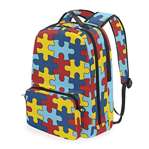 Autism Awareness Puzzle Detachable Big Student Backpack - School, Travel, or Work Bookbag with 15-Inch Laptop Compartment