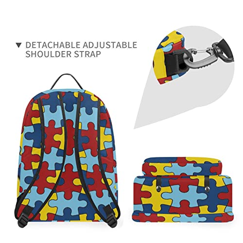 Autism Awareness Puzzle Detachable Big Student Backpack - School, Travel, or Work Bookbag with 15-Inch Laptop Compartment