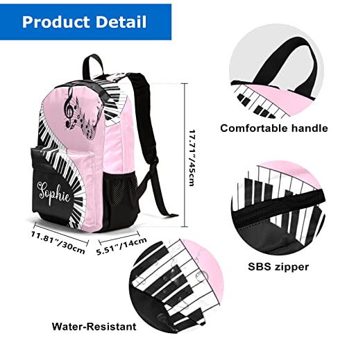 Pink Clef Piano Keys Personalized Casual Backpack Custom College School Laptop 17Inch Travel Daypack for Boys Girls