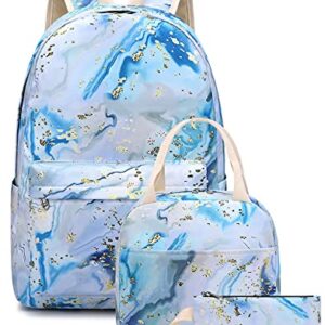 Bluboon Teen Girls School Backpack Kids Bookbag Set with Lunch Box Pencil Case Travel Laptop Backpack Casual Daypacks (Blue-white)