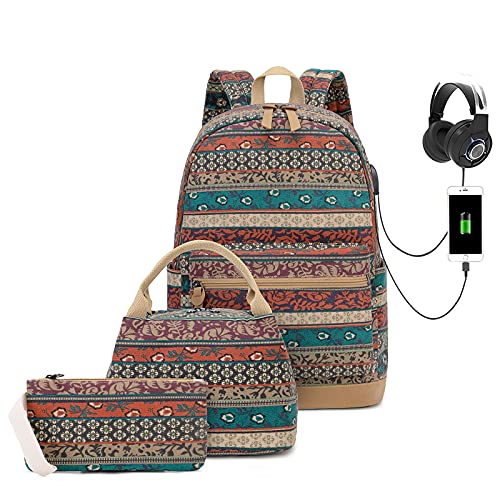 Bohemian Waterproof Laptop Backpack with USB Charging Port and and Headphone Interface, Water Resistant 15.6 Inch College School Backpack with Lunch Bag and Pencil Bag for Women/Girls/Business/Travel