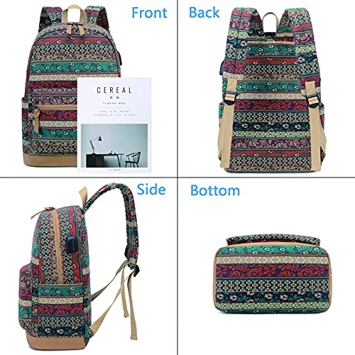 Bohemian Waterproof Laptop Backpack with USB Charging Port and and Headphone Interface, Water Resistant 15.6 Inch College School Backpack with Lunch Bag and Pencil Bag for Women/Girls/Business/Travel