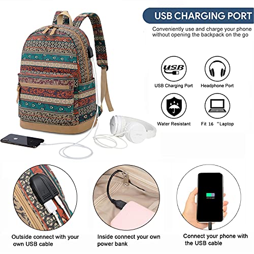 Bohemian Waterproof Laptop Backpack with USB Charging Port and and Headphone Interface, Water Resistant 15.6 Inch College School Backpack with Lunch Bag and Pencil Bag for Women/Girls/Business/Travel