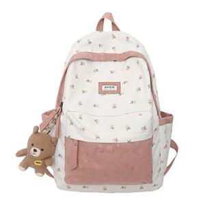 preppy backpack patchwork cottagecore aesthetic backpack flower grass printed backpack for school supplies (pink)