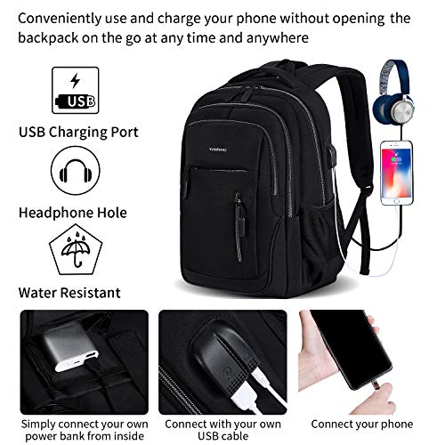 Veballensty Business Laptop Backpack, 15.6 Inch Travel Anti-Theft Water Resistant College School Backpack with USB Chargering/Headphone Port for Men Women Casual Hiking Travel Daypack(Black)