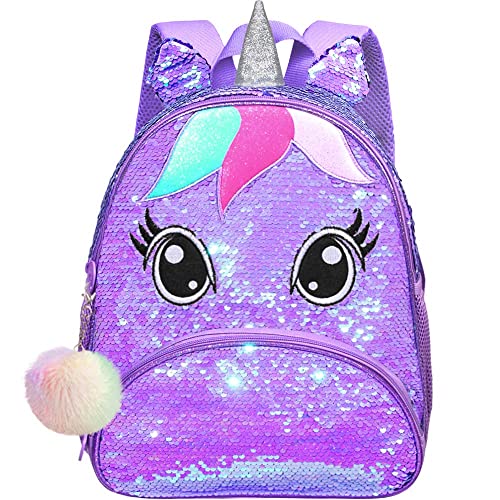 Toddler Backpack for Girls, 12" Unicorn Sequin Kids Bookbag, Cute Animal Preschool Kindergarten Schoolbag