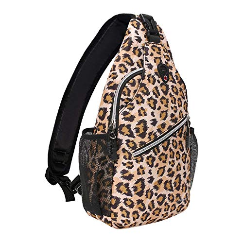 MOSISO Sling Backpack,Travel Hiking Daypack Leopard Print Rope Crossbody Bag, Brown, Medium