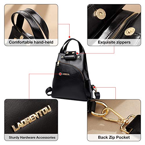 LAORENTOU Black Backpacks Purses for Women Cow Leather Small Casual Daypacks Anti-theft Backpack Convertible Straps