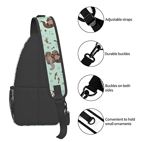 Sea Otters Green Sling Bag Crossbody Backpack Hiking Travel Daypack Chest Bag Shoulder Bag For Women Men