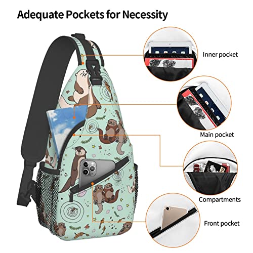 Sea Otters Green Sling Bag Crossbody Backpack Hiking Travel Daypack Chest Bag Shoulder Bag For Women Men