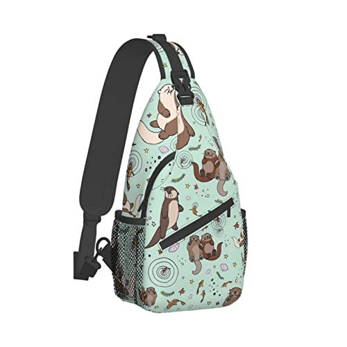 Sea Otters Green Sling Bag Crossbody Backpack Hiking Travel Daypack Chest Bag Shoulder Bag For Women Men