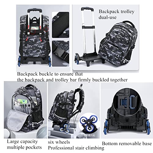 Animal Prints Elemetary Rolling Backpack,Kids Wheeled School Book Bag,Casual Trolley Daypack for Boys, Black, 6 Wheels