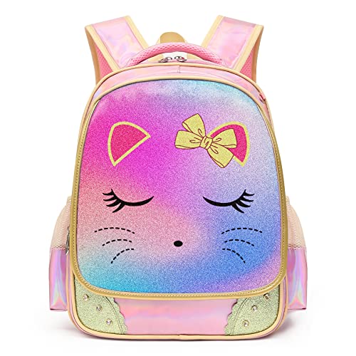 Dorlubel School Backpack for Girls, Kids Backpack Children’s School Bag Cat face Diamond Glitter BookBags for Elementary (Pink Blue Cat)