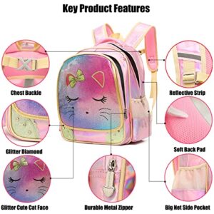 Dorlubel School Backpack for Girls, Kids Backpack Children’s School Bag Cat face Diamond Glitter BookBags for Elementary (Pink Blue Cat)