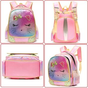 Dorlubel School Backpack for Girls, Kids Backpack Children’s School Bag Cat face Diamond Glitter BookBags for Elementary (Pink Blue Cat)