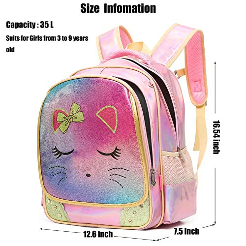 Dorlubel School Backpack for Girls, Kids Backpack Children’s School Bag Cat face Diamond Glitter BookBags for Elementary (Pink Blue Cat)