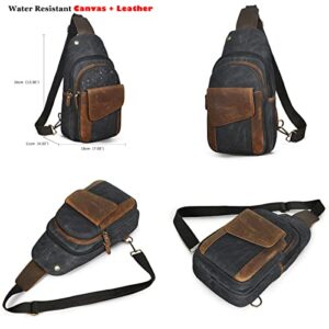 Handadsume Water Resistant Canvas + Leather Hiking Travel One Shoulder DayPack Backpack Sling Crossbody For Men Women FB8013 (Black)