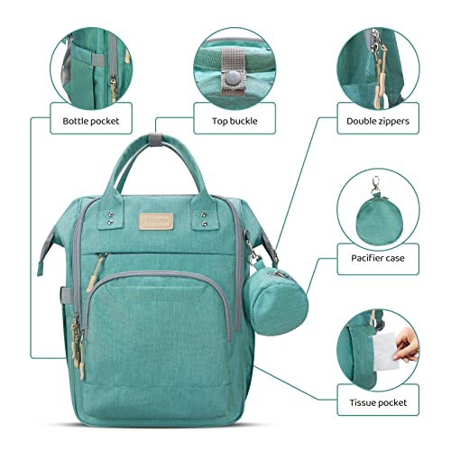 PHEBEN Diaper Bag Backpack Large Capacity Travel Back Pack Multifunction Waterproof Maternity Baby Changing Bags Unisex Stylish Nappy Bag with Stroller Straps & Pacifier Case(Green)