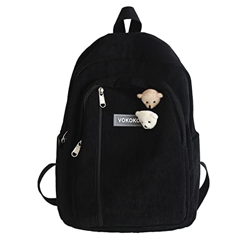 MBVBN Corduroy School Backpack, Casual Travel Laptop Backpack, Cute Student Bookbag for Girls Women, Bear Black