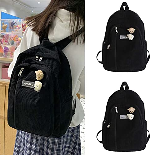 MBVBN Corduroy School Backpack, Casual Travel Laptop Backpack, Cute Student Bookbag for Girls Women, Bear Black