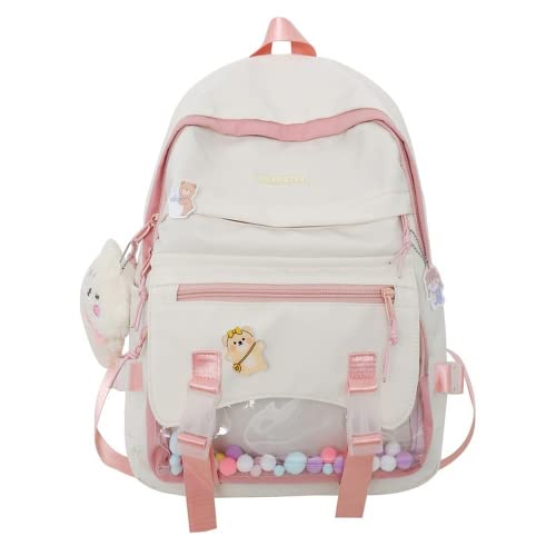 Aoakva Indie Backpack School Japanese Asthetic Backpack INS Travel Bag Large Capacity Kawaii Backpack Prime with Free Plush Bear Pendant (white)