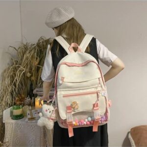 Aoakva Indie Backpack School Japanese Asthetic Backpack INS Travel Bag Large Capacity Kawaii Backpack Prime with Free Plush Bear Pendant (white)