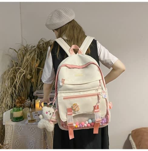 Aoakva Indie Backpack School Japanese Asthetic Backpack INS Travel Bag Large Capacity Kawaii Backpack Prime with Free Plush Bear Pendant (white)