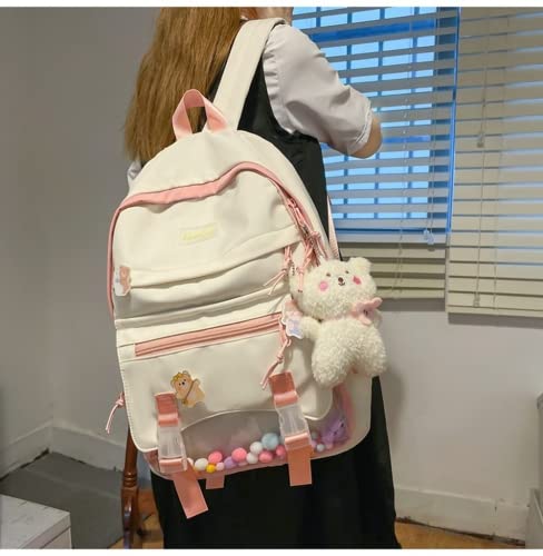 Aoakva Indie Backpack School Japanese Asthetic Backpack INS Travel Bag Large Capacity Kawaii Backpack Prime with Free Plush Bear Pendant (white)