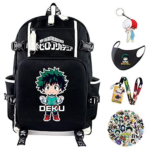 MHA Backpack for School Boys Girls Daypack Bookbag with MHA Gift Stickers Face Mask Keychain Card Holder