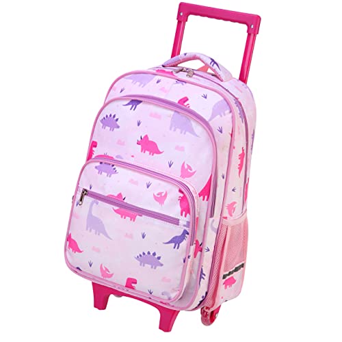 VASCHY Rolling Backpack Kids, 17in Water Resistant Large Schoolbag Carry-on Travel Trip Bag with Wheels for Girls Pink Dinos