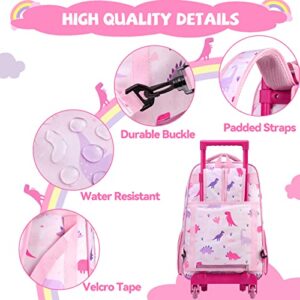 VASCHY Rolling Backpack Kids, 17in Water Resistant Large Schoolbag Carry-on Travel Trip Bag with Wheels for Girls Pink Dinos