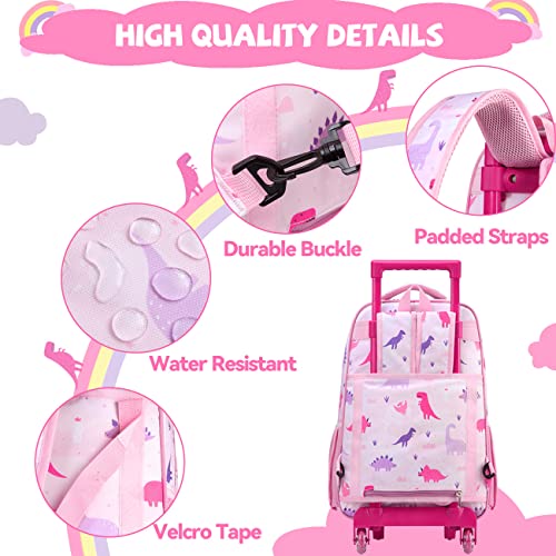 VASCHY Rolling Backpack Kids, 17in Water Resistant Large Schoolbag Carry-on Travel Trip Bag with Wheels for Girls Pink Dinos