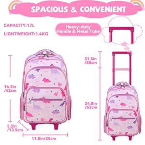 VASCHY Rolling Backpack Kids, 17in Water Resistant Large Schoolbag Carry-on Travel Trip Bag with Wheels for Girls Pink Dinos