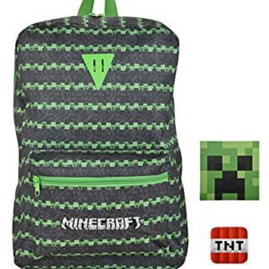 Minecraft 3 Piece Backpack Set - Backpack, Sticker, Pin - Boys Girls Kids Adult Allover Creeper Backpack School Set (Black Green)