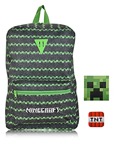 Minecraft 3 Piece Backpack Set - Backpack, Sticker, Pin - Boys Girls Kids Adult Allover Creeper Backpack School Set (Black Green)