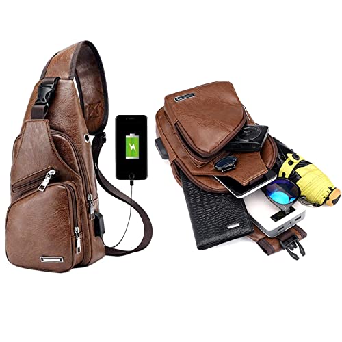 successthop Leather Sling Backpack with USB Charging Port Multi-pocket Chest Bag Travel Gym Sport Hiking (Brown)