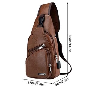 successthop Leather Sling Backpack with USB Charging Port Multi-pocket Chest Bag Travel Gym Sport Hiking (Brown)